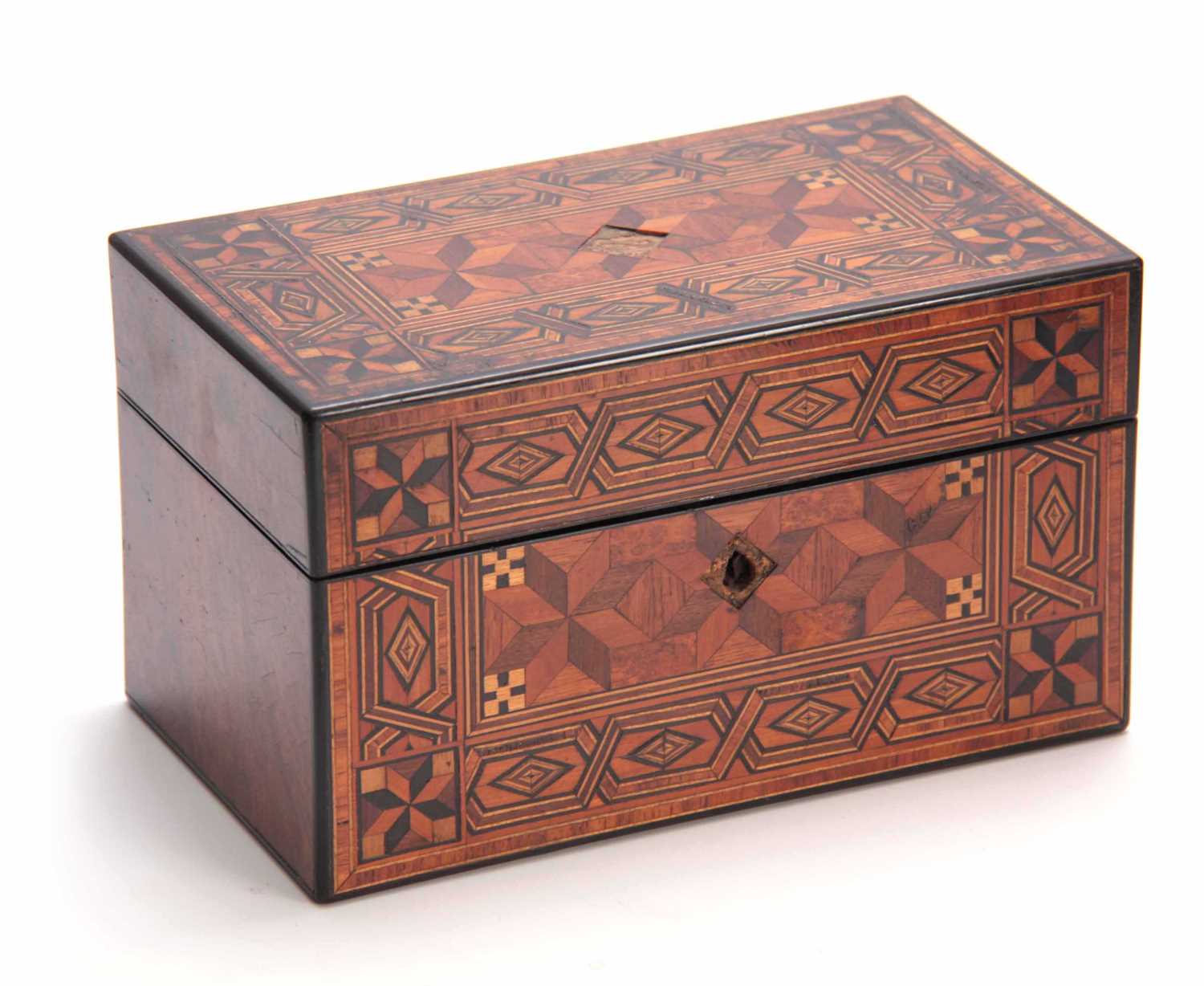 Lot 906 - A 19TH CENTURY TUNBRIDGE WARE TEA CADDY with