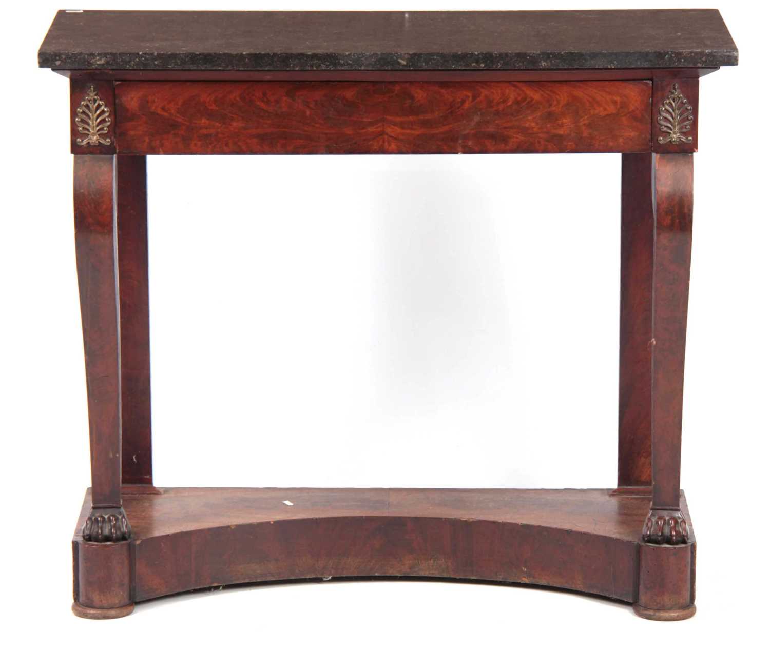 Lot 1182 - A REGENCY FIGURED MAHOGANY CONSOL TABLE
