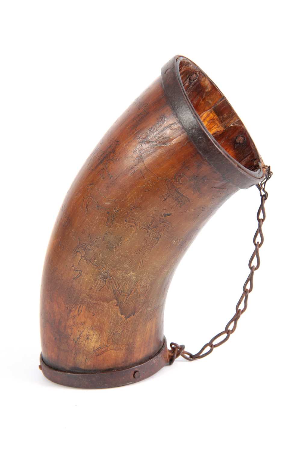 Lot 491 - AN 18th CENTURY SCRIMSHAW HORN FLASK with