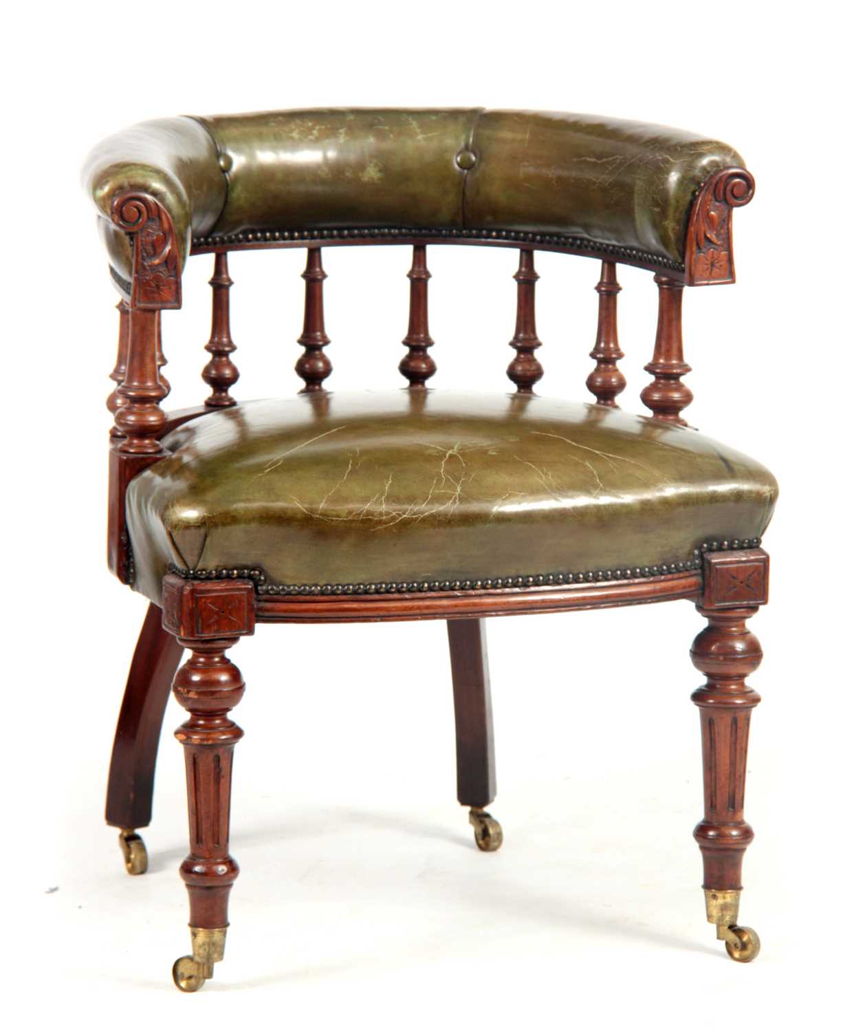 Lot 1014 - A 19TH CENTURY WALNUT DESK CHAIR with green