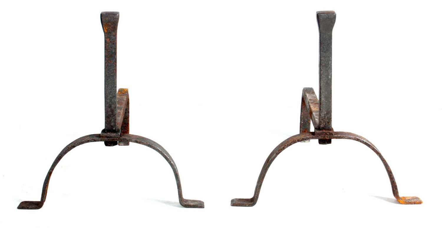Lot 409 - A PAIR OF WROUGHT IRON FIRE DOGS with arched