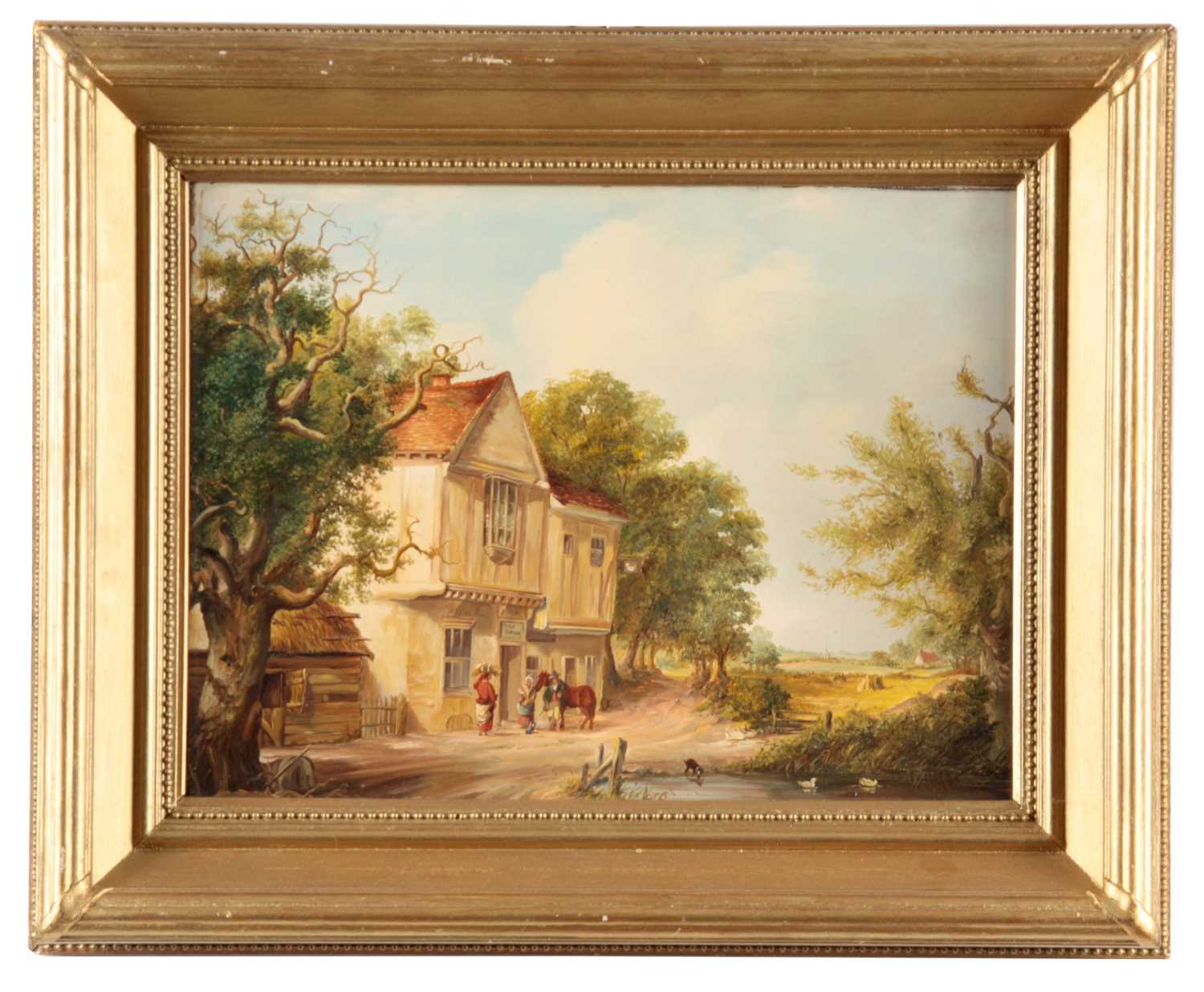 Lot 588 - OIL ON PANEL country inn scene with figures