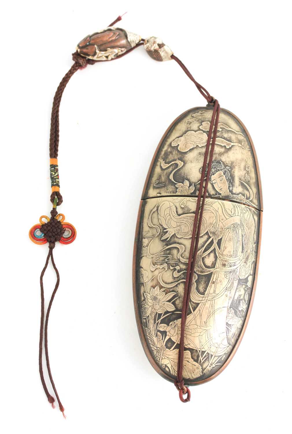 Lot 174 - A CHINESE SILVERED COPPER INRO with engraved