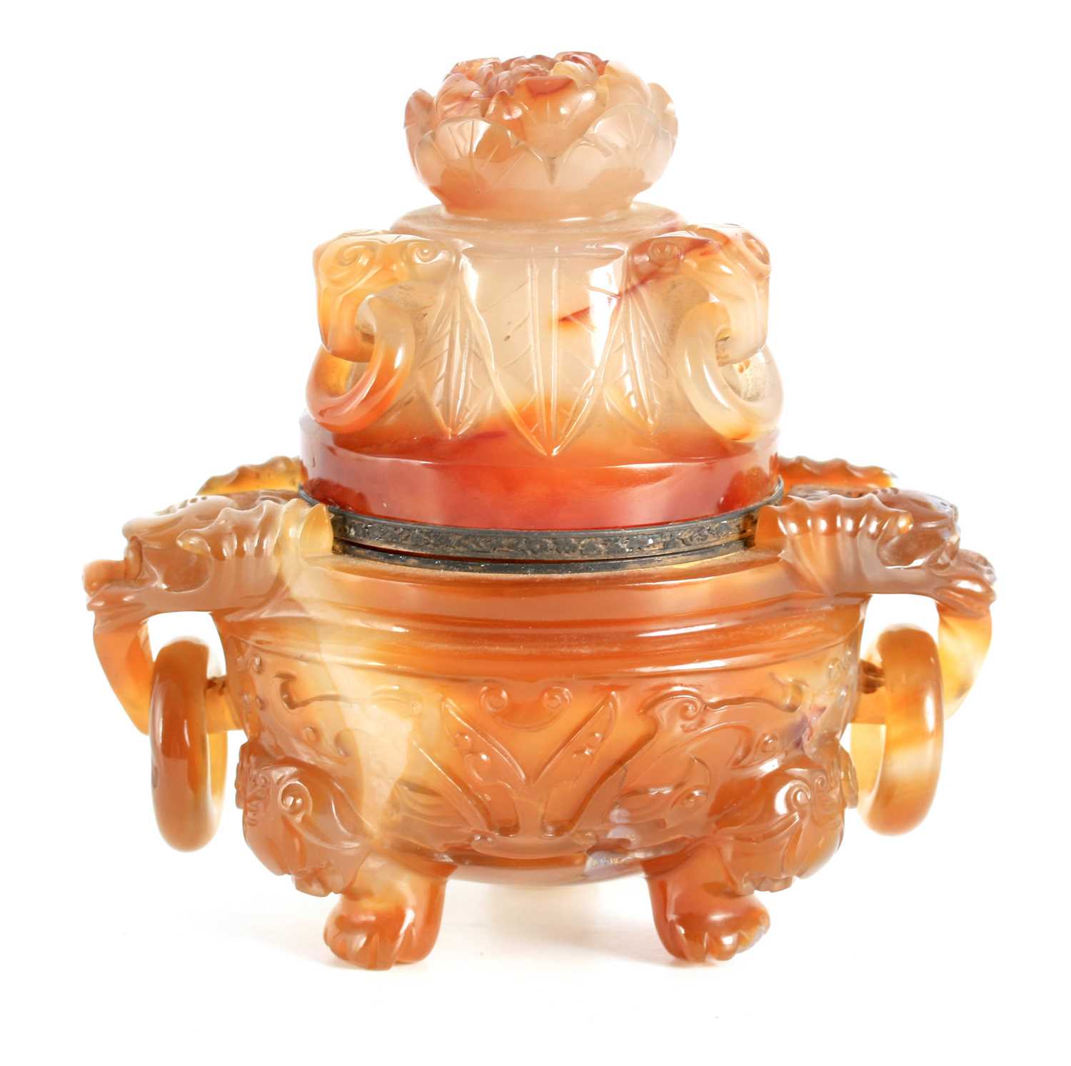 Lot 191 - A CHINESE AGATE SILVER MOUNTED KORO AND