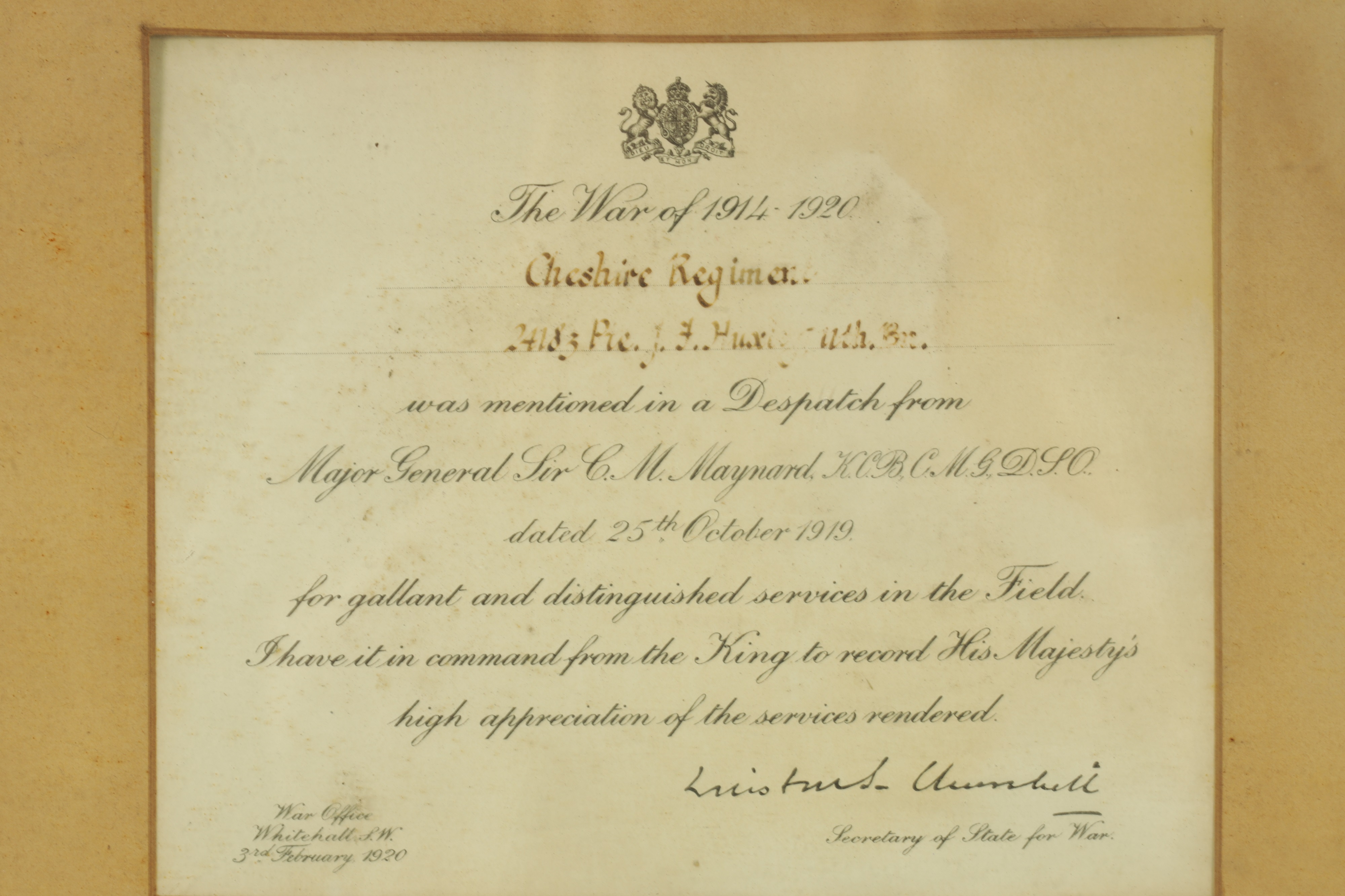 Lot 454 - A WW1 MENTIONED IN THE DISPATCHES