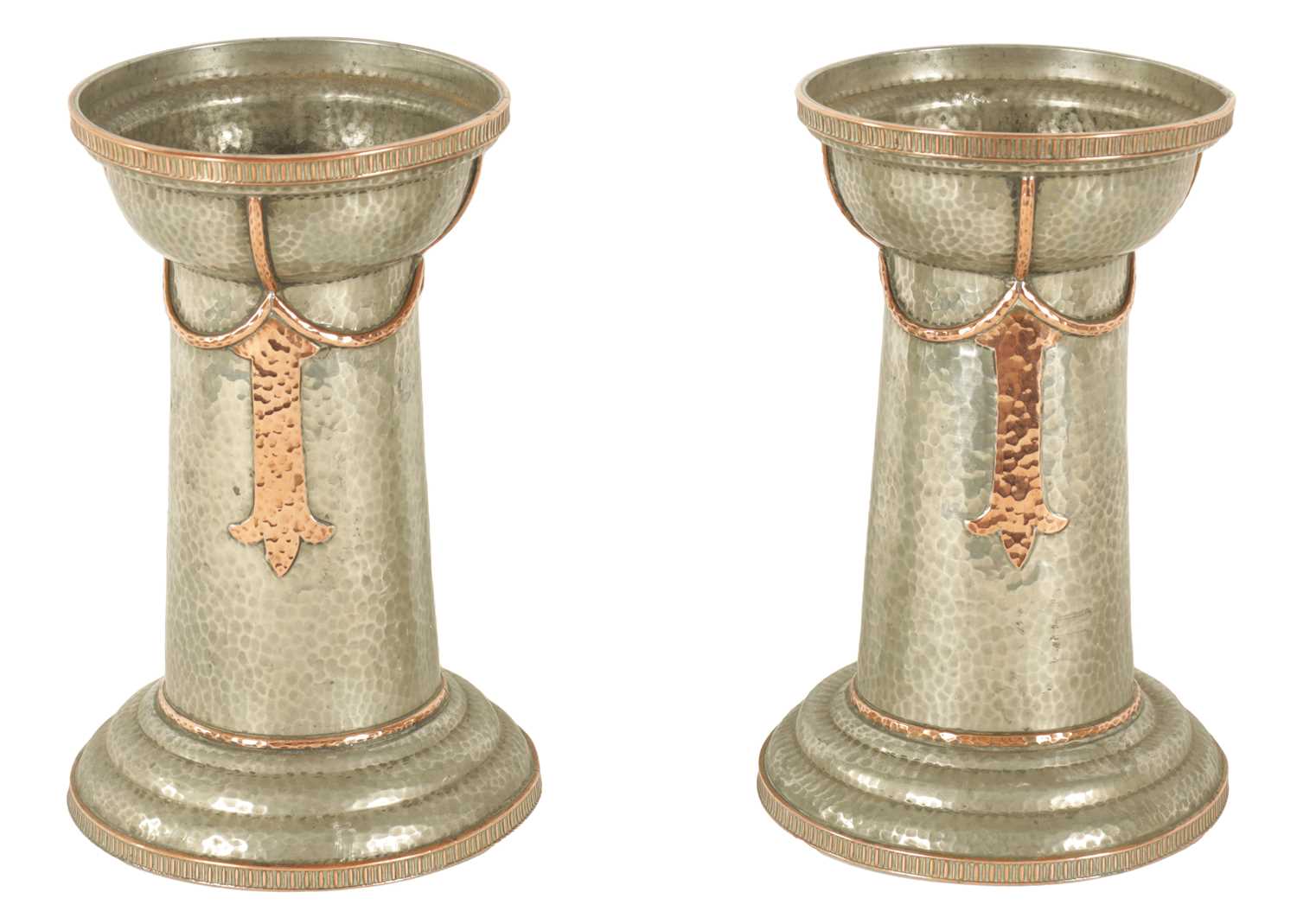 Lot 529 - A PAIR OF ARTS AND CRAFTS PEWTER AND COPPER
