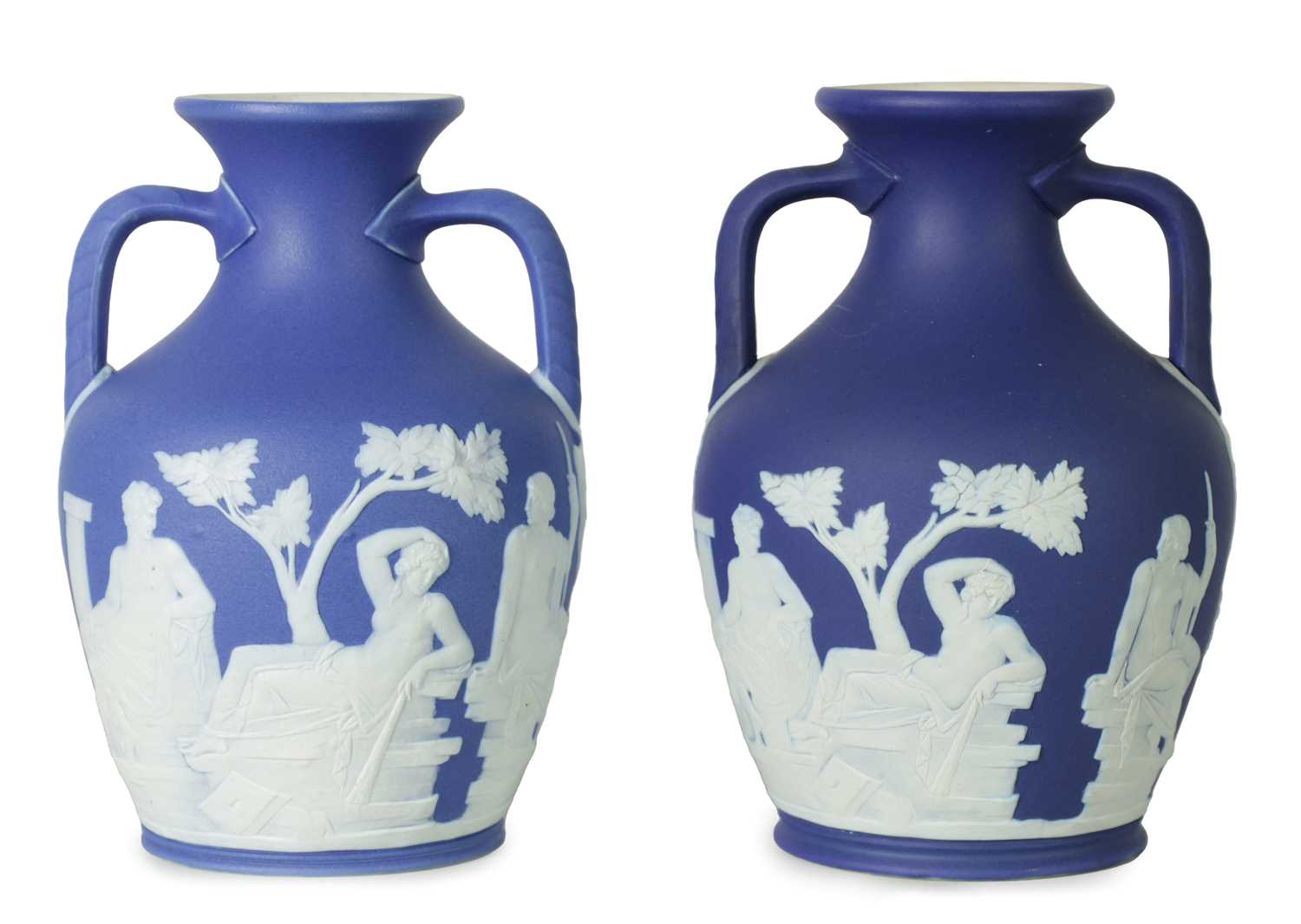 Lot 142 - A PAIR OF WEDGWOOD DARK BLUE JASPER WARE