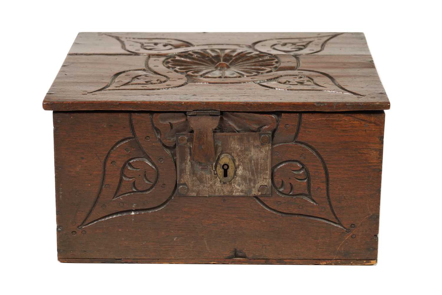 Lot 891 - A 17TH-CENTURY CARVED OAK DEED BOX