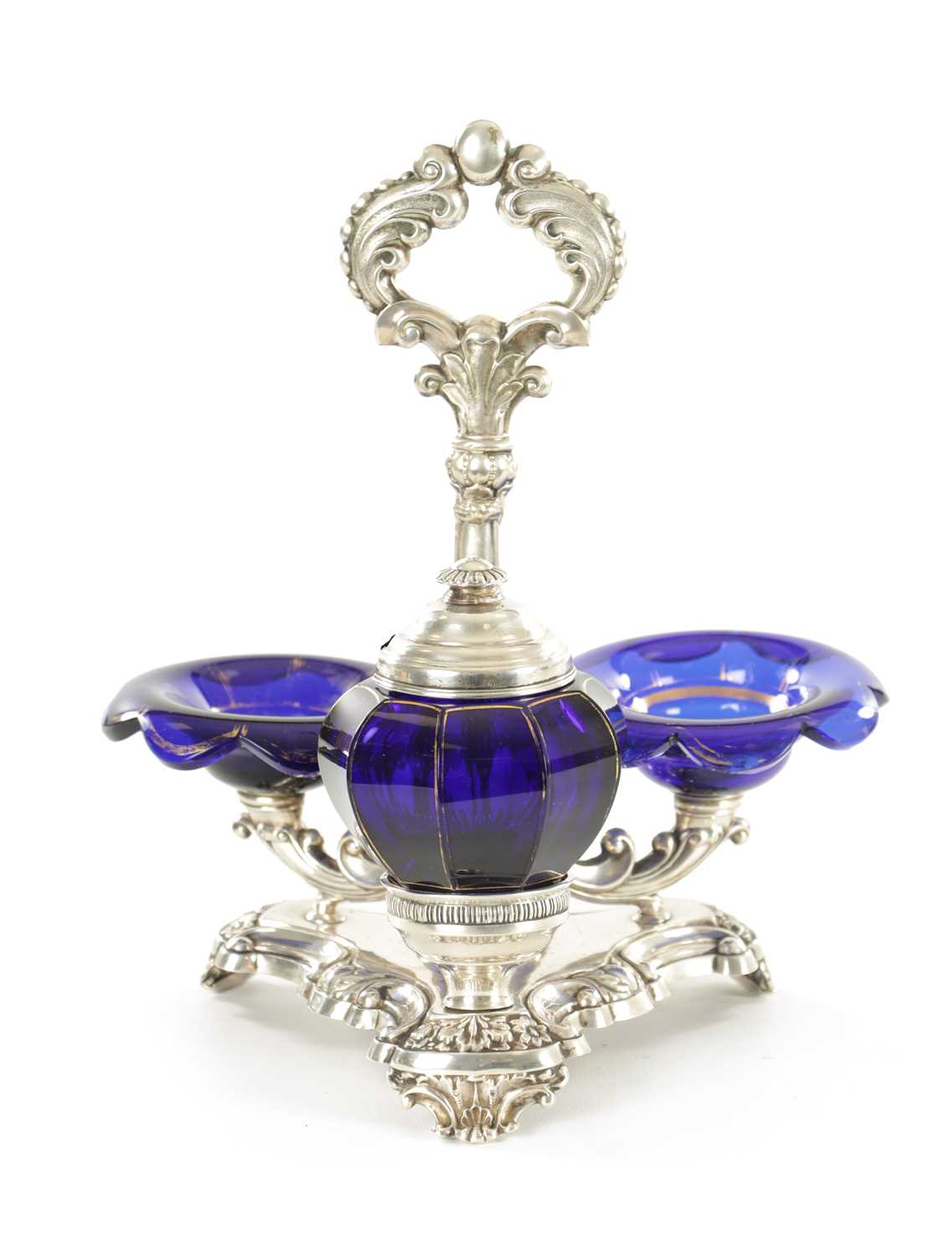 Lot 475 - A CONTINENTAL SILVER AND GILT BLUE GLASS