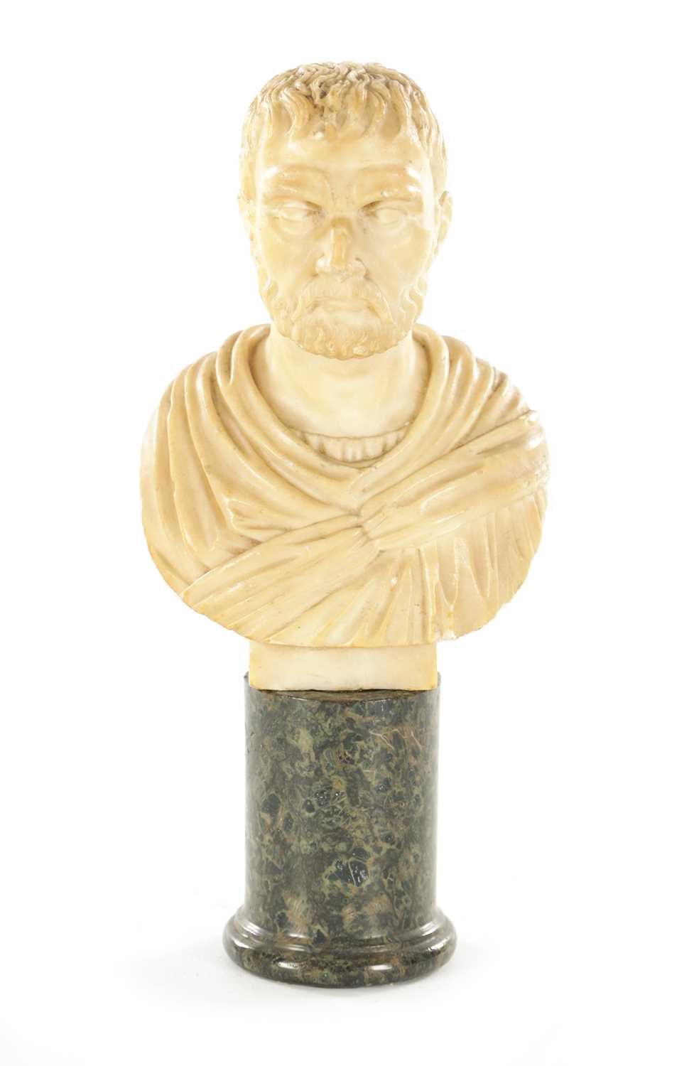 Lot 828 - A 19TH CENTURY ALABASTER BUST OF A ROMAN
