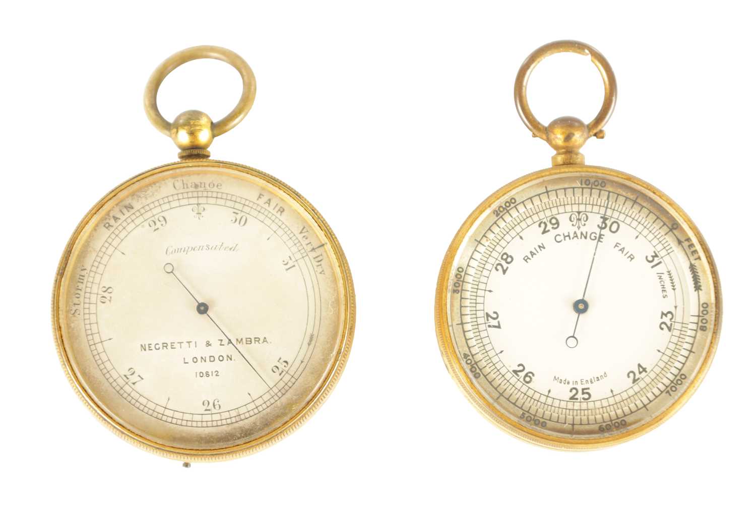 Lot 394 - TWO GILT BRASS CASED POCKET BAROMETERS