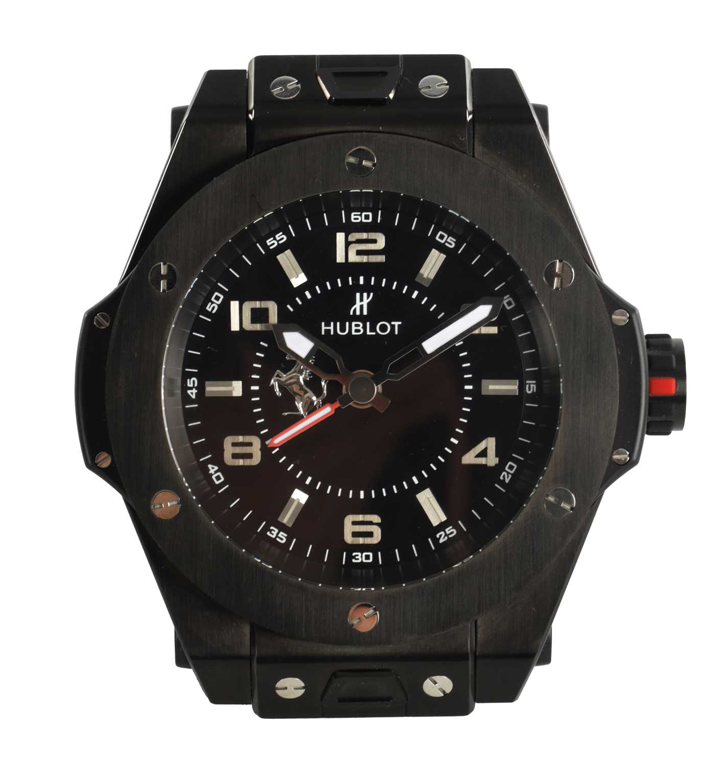 Lot 976 - A BLACK STEEL HUBLOT BIG BANG FERRARI DESK