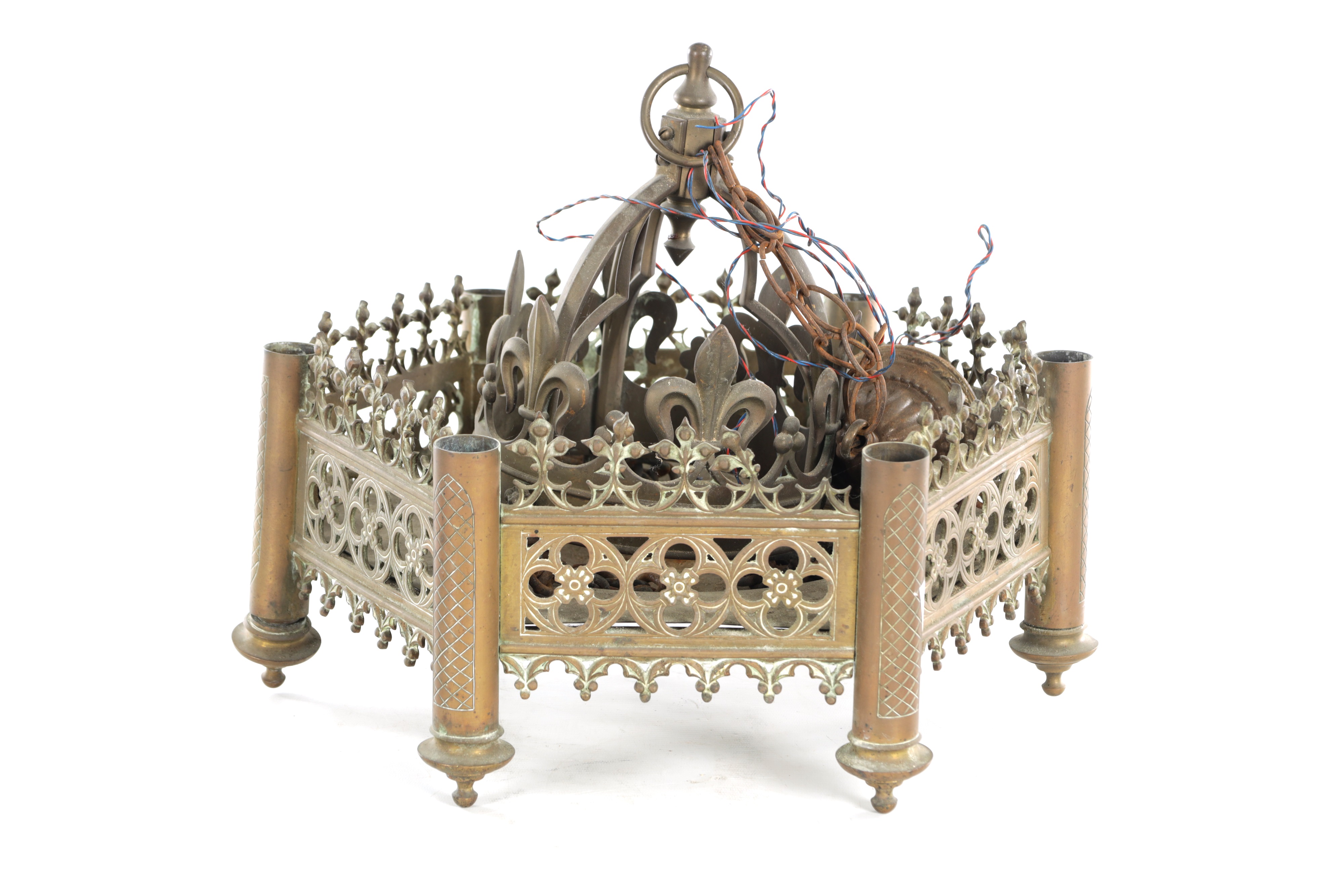 A LATE 19TH CENTURY GOTHIC STYLE BRASS HANGING LIGHT